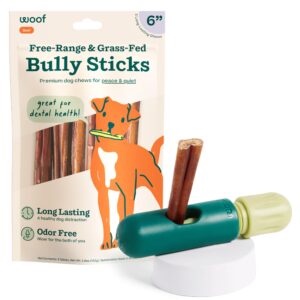 woof bullysafe and bully sticks - nutritious chew sticks for dogs and bully stick holder for safe, long-lasting play -no more swallowed ends - 6" sticks - 5 pack