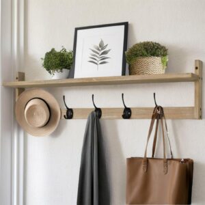 modern 29" wall-mounted coat hooks with shelf and 5 double metal hooks for entryway, bedroom, living room, bathroom(natrual)