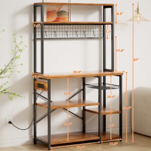 ROOMTEC Baker's Rack with Power Outlet, Microwave Stand with Storage, Kitchen Free Standing Baker Racks and Shelves with 6 S-Shaped Hooks