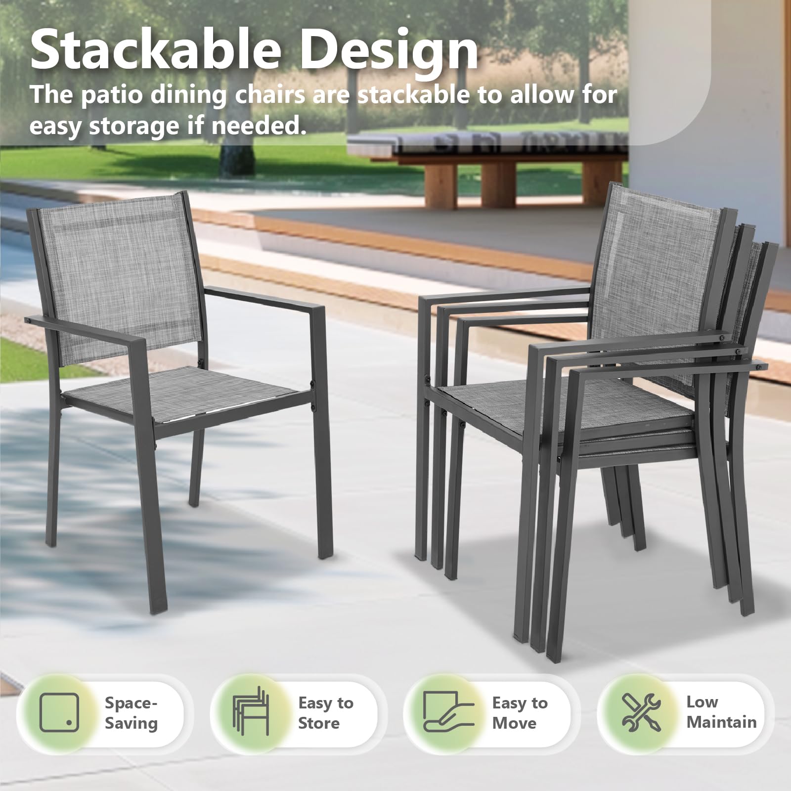 Olaterior Patio Dining Chairs, Outdoor Dining Chair Set of 2, Stackable Outdoor Chairs, All-Weather Textilene Chair with Armrest, Modern Sling Patio Furniture Chair for Lawn Deck, Pool, Mixed Grey