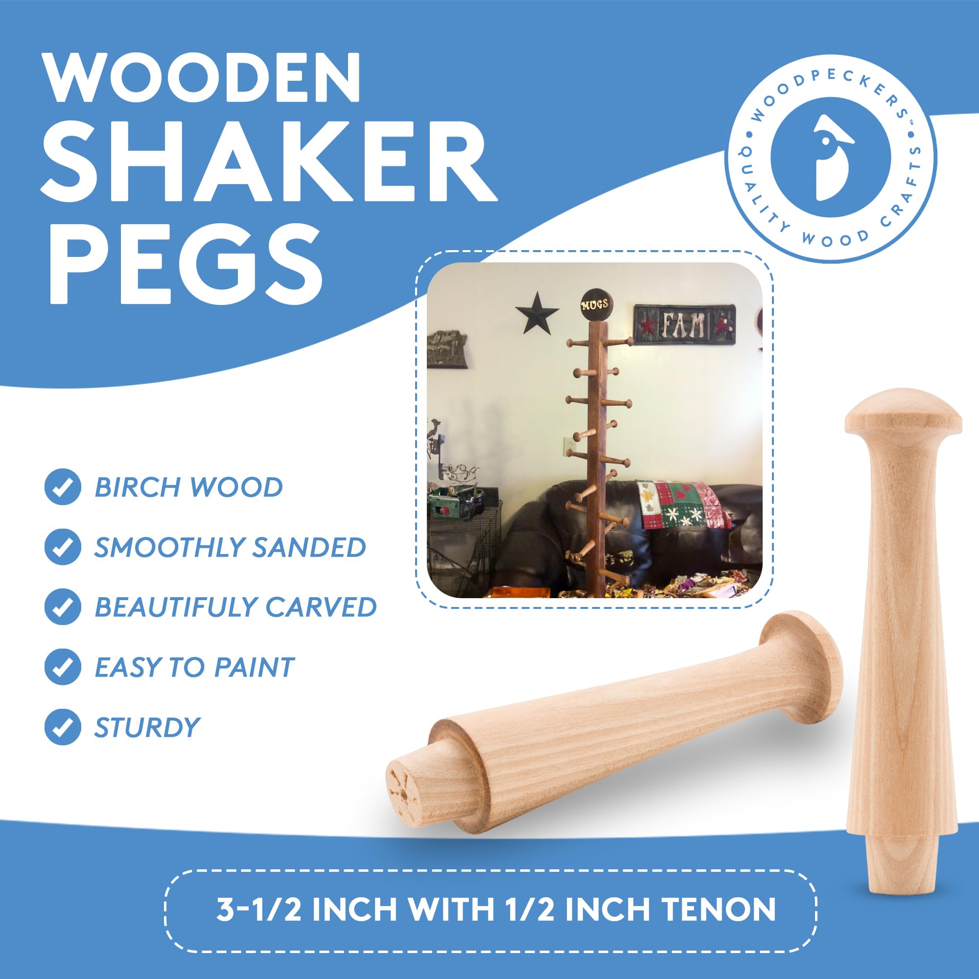 Wooden Shaker Pegs 3-1/2-inch w/ 1/2-inch Tenon, Pack of 10 DIY Wooden Wall Hooks, Wood Hooks for Hanging Shaker Peg Rail and Coat/Hat/Towel Hook, by Woodpeckers