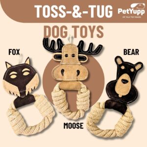 PetYupp Cotton & Jute Toss - Tug Dog Toy with Genuine Leather - for Teething Puppy, Dental Health, Aggressive Chewer, Tug-of-War Dog Toys and All Dog Sizes (Toss & Tug Dog Toy - Moose), Brown