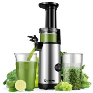 gdor compact juicer machines, cold press juicer for fruits & vegetables, masticating juicer with 60nm dc motor, slow juicer with low noise, 20 oz juice cup, easy to clean, bpa-free,silver