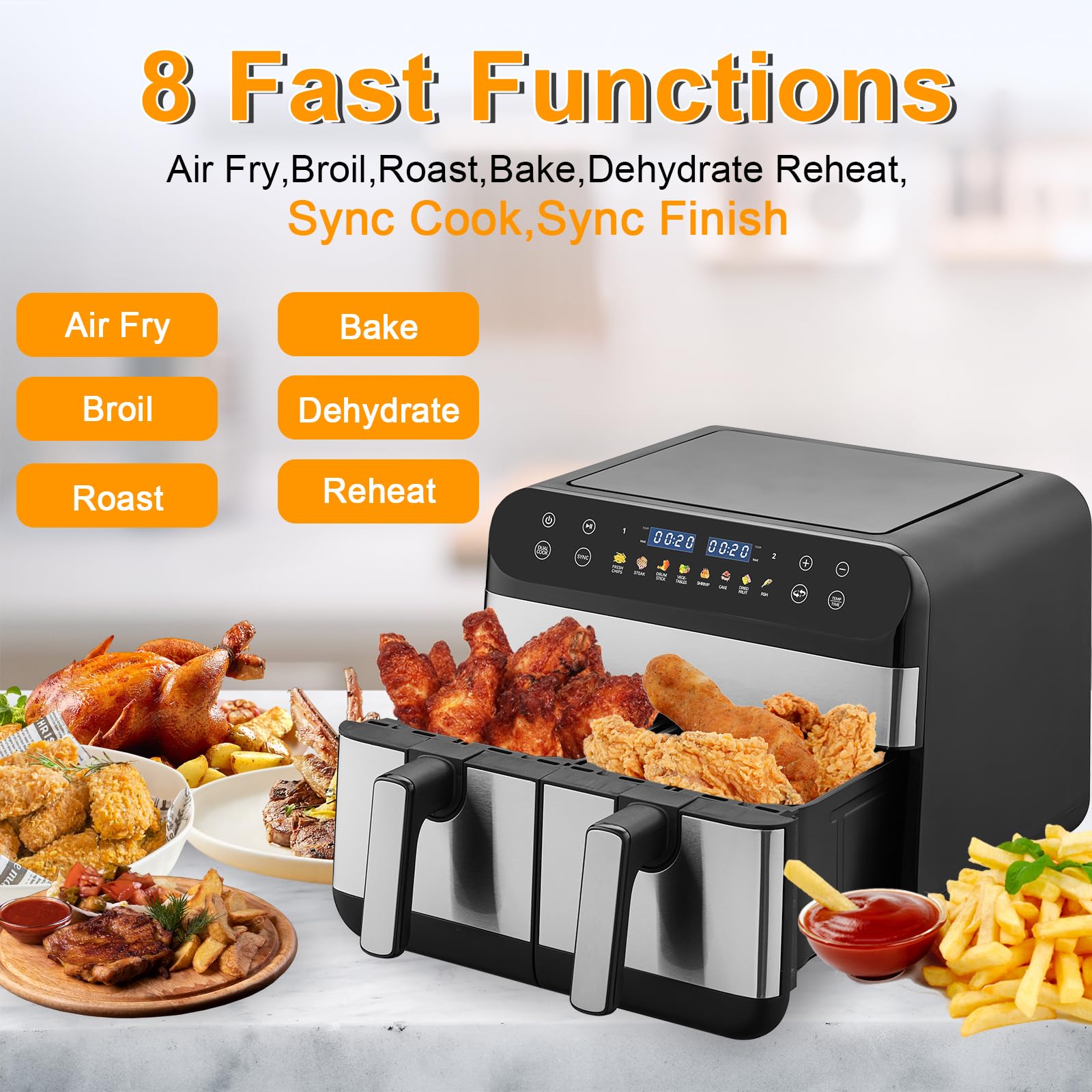 Jacgood Double Air Fryer, 9.5QT With 2 Independent Baskets, Dual Zone Air Fryer, Family Size Healthy Oil-free Air Fryer Oven, with 10 Presets to Bake,Roast,Broil,Dehydrate & More for Quick,Easy Meals