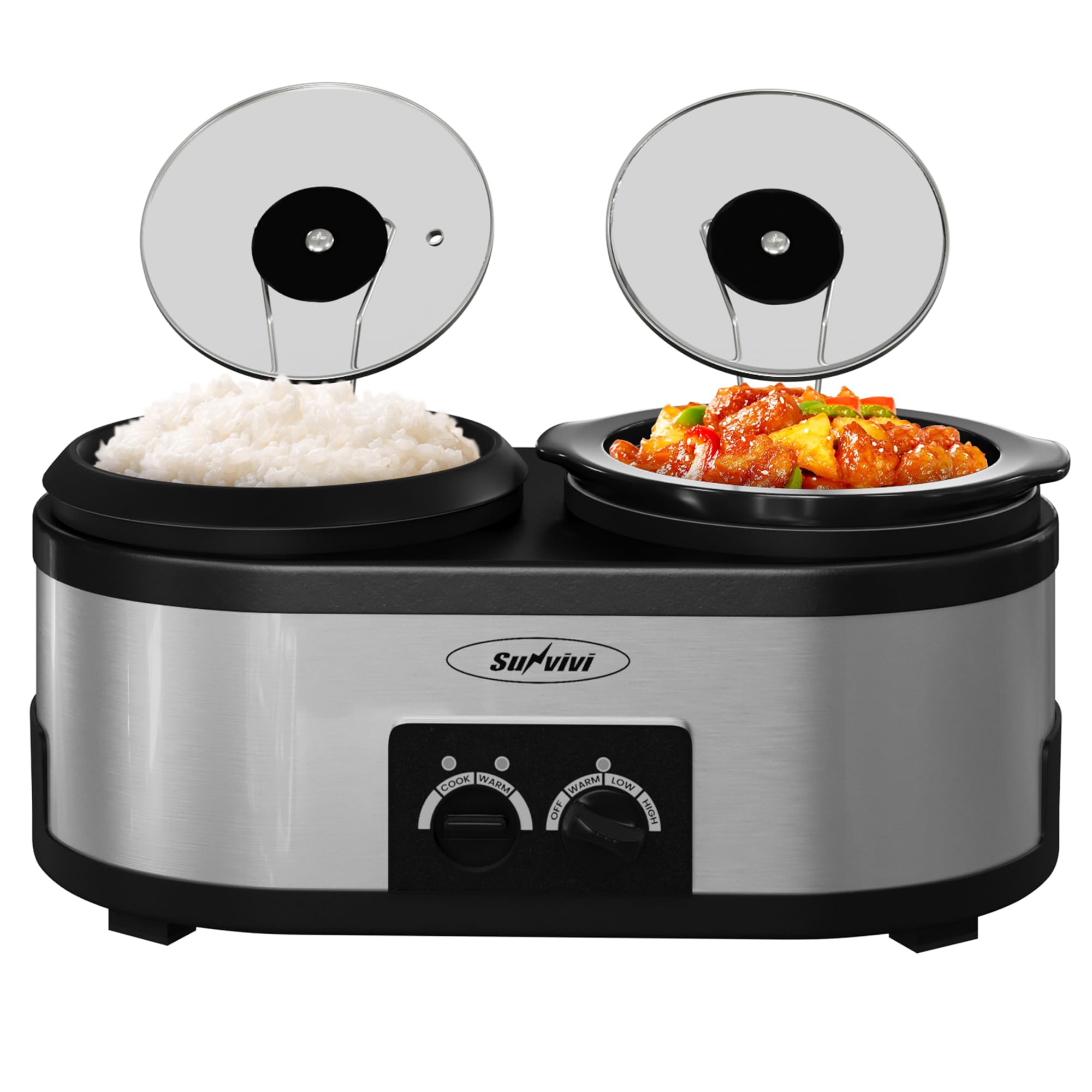 Sunvivi 2 in 1 Slow Cooker and Rice Cooker, Multi Slow Cooker with 1.5 QT Ceramic Pot & 3 Cup Rice Cooker, Non-Stick Aluminum Pot & Indicator Lights, Dual Control Knob, Stainless Steel