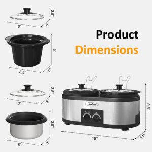 Sunvivi 2 in 1 Slow Cooker and Rice Cooker, Multi Slow Cooker with 1.5 QT Ceramic Pot & 3 Cup Rice Cooker, Non-Stick Aluminum Pot & Indicator Lights, Dual Control Knob, Stainless Steel