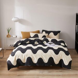 meunic cotton bedding duvet cover set, cream white black geometric pattern printed, 1 comforter cover and 2 pillowcases for kids teens boys girls(ripple,us king)