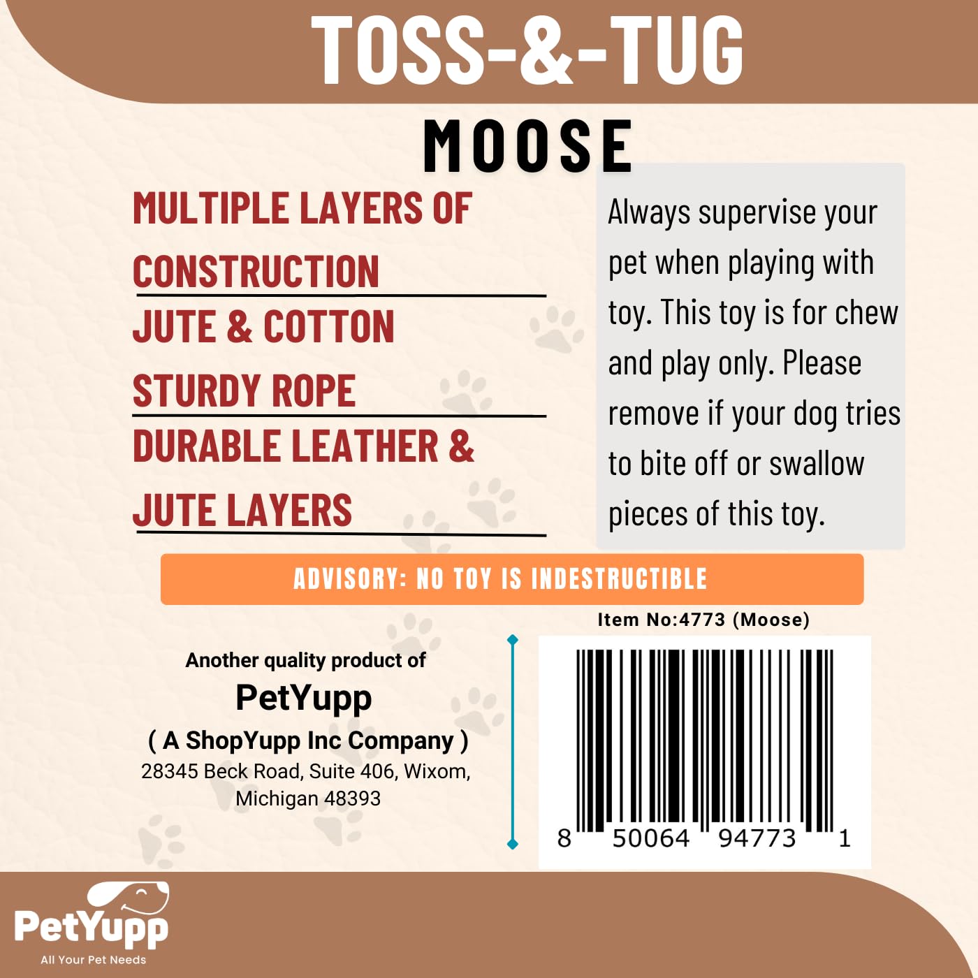 PetYupp Cotton & Jute Toss - Tug Dog Toy with Genuine Leather - for Teething Puppy, Dental Health, Aggressive Chewer, Tug-of-War Dog Toys and All Dog Sizes (Toss & Tug Dog Toy - Moose), Brown