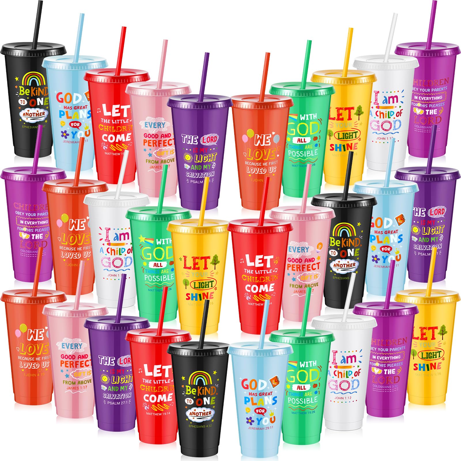 Uiifan 30 Pcs Christian Tumbler Bulk Bible Verse Plastic Tumblers with Lids and Straw 24oz Inspirational Religious Cups Christian Gifts for Kids Christmas Sunday School Religious Party Activities