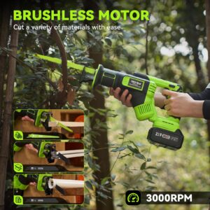 Reciprocating Saw Cordless, 3000 RPM Brushless Power Reciprocating Saw With 21V 2 x 4.0Ah Battery, 28mm Reciprocating Stroke, 8 Saw Tool-Free Blade Change for Wood Metal PVC Cutting