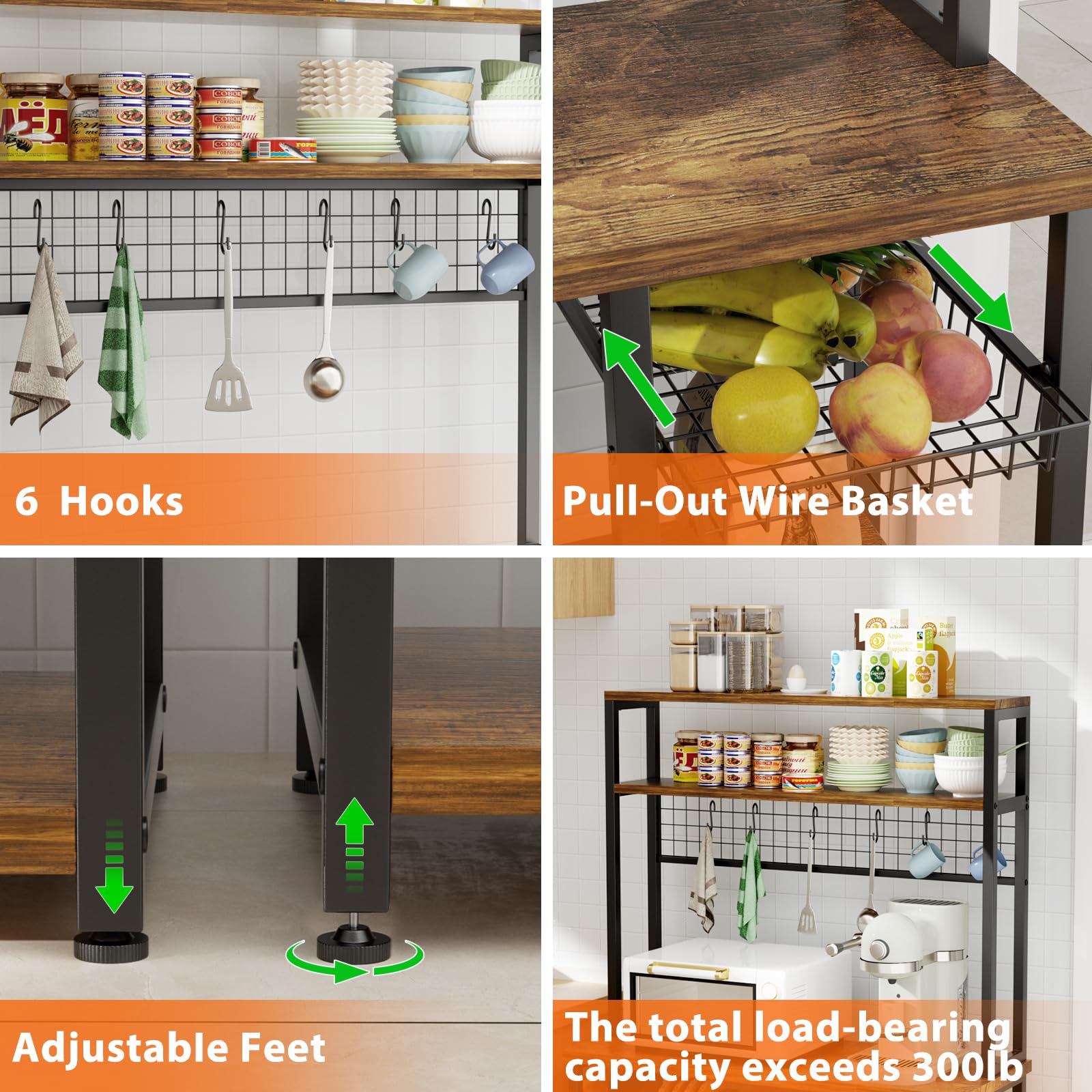 ROOMTEC Baker's Rack with Power Outlet, Microwave Stand with Storage, Kitchen Free Standing Baker Racks and Shelves with 6 S-Shaped Hooks