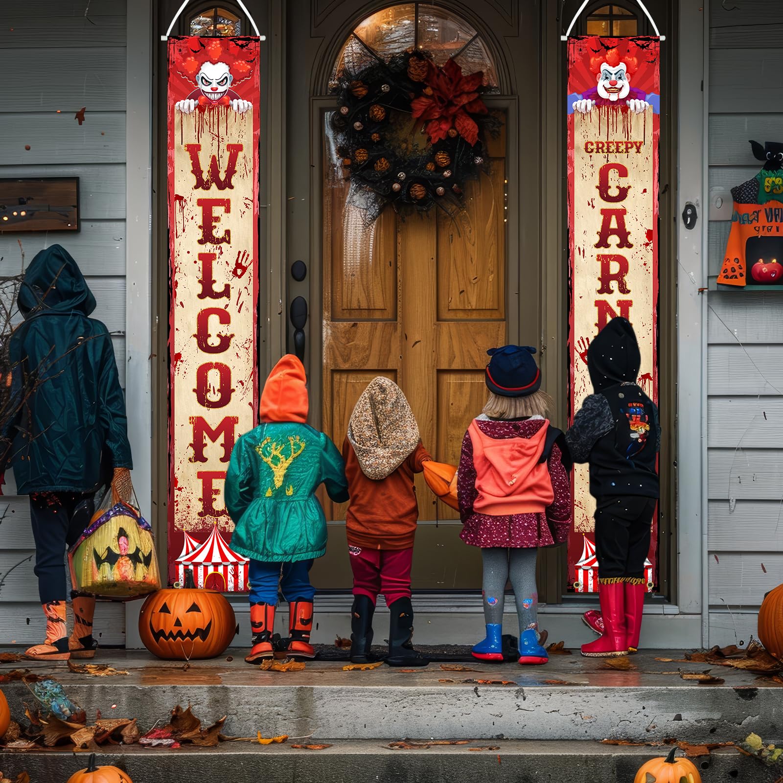 Avezano Halloween Evil Circus Door Cover Halloween Door Decorations Creepy Carnival Welcome Porch Banner Halloween Clown Hanging Banner Outdoor Indoor