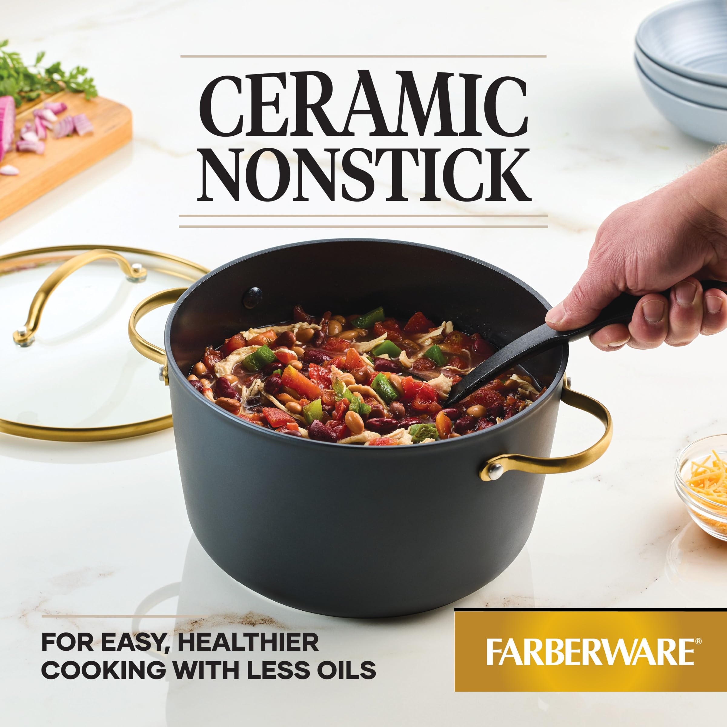 Farberware Forged Induction Ceramic Nonstick Cookware Stockpot with Lid, Dishwasher Safe, Suitable for All Stovetops, 6 Quart Soup Pot, Stockpot - Black and Gold