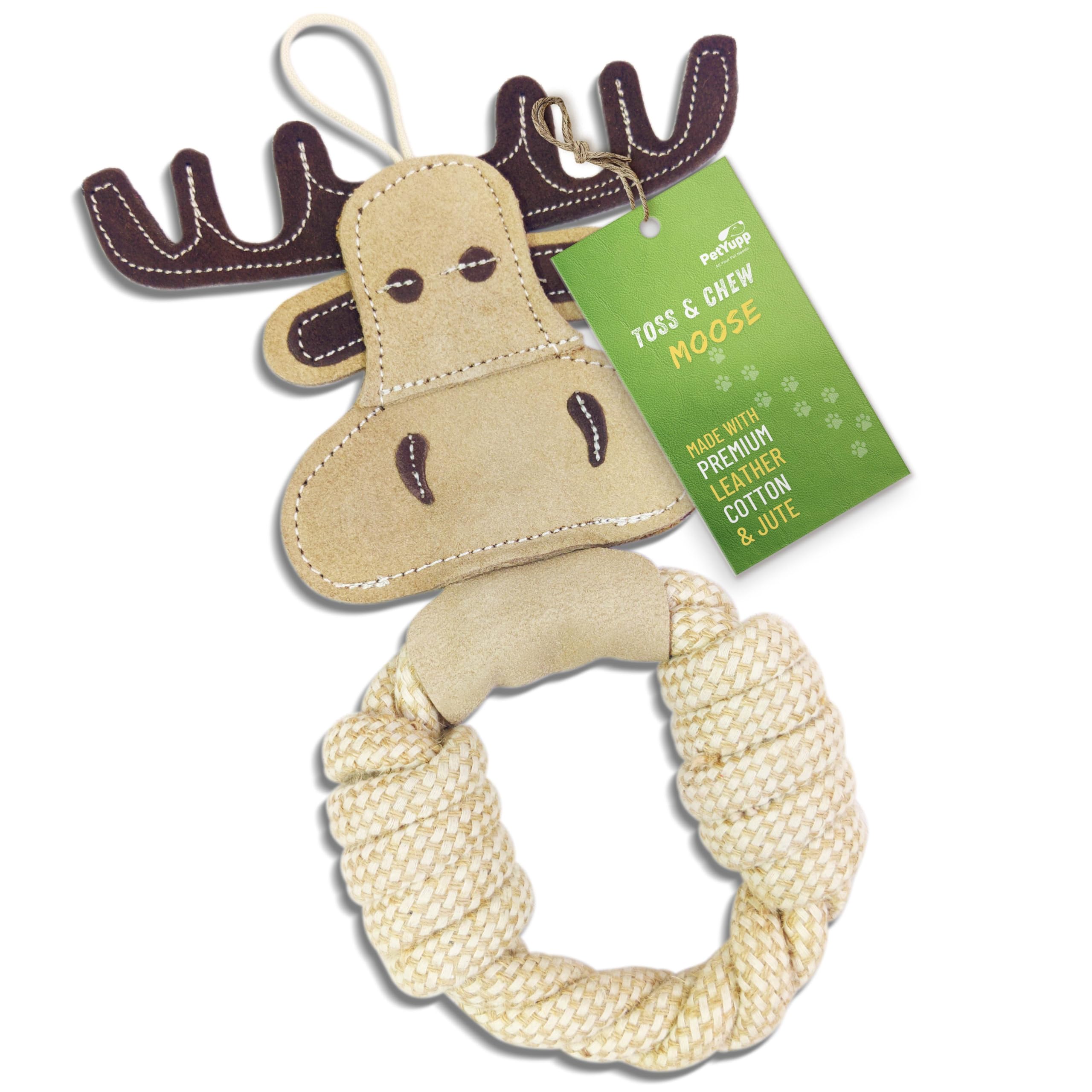 PetYupp Cotton & Jute Toss - Tug Dog Toy with Genuine Leather - for Teething Puppy, Dental Health, Aggressive Chewer, Tug-of-War Dog Toys and All Dog Sizes (Toss & Tug Dog Toy - Moose), Brown