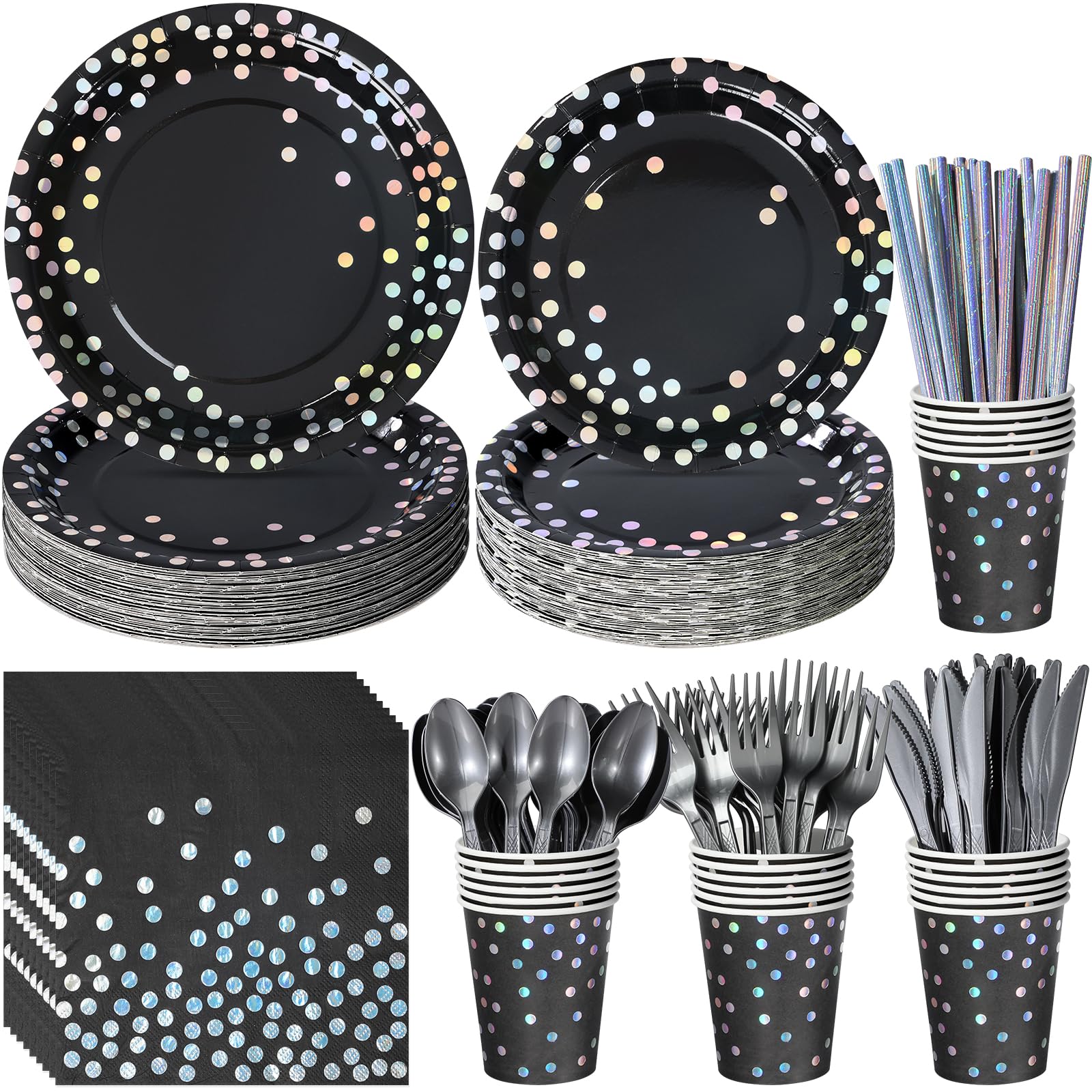 Black and Iridescent Silver Dot Party Decorations Serve 25, Black Holographic Paper Plates and Napkins, Disposable Party Plates Cups Napkins for Fathers Day Retirement Birthday Graduation Prom Party