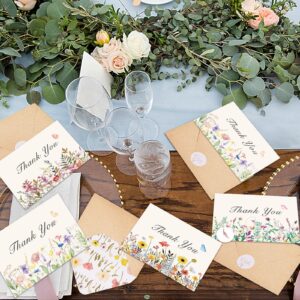 HRFGWDD Floral Thank You Cards With Envelopes 50 Pack, Wildflower Thank You Cards 4"x6", Thank You Notes With Envelopes And Stickers Set for Wedding, Bridal Showers, Baby Showers, Thanksgiving Party