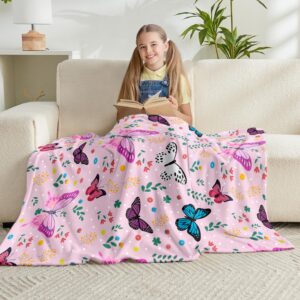 jameswish butterfly throw blanket for girls teens toddler pink soft fuzzy flannel bed blanket for kids adults plush colorful flowers blanket,50”x60”