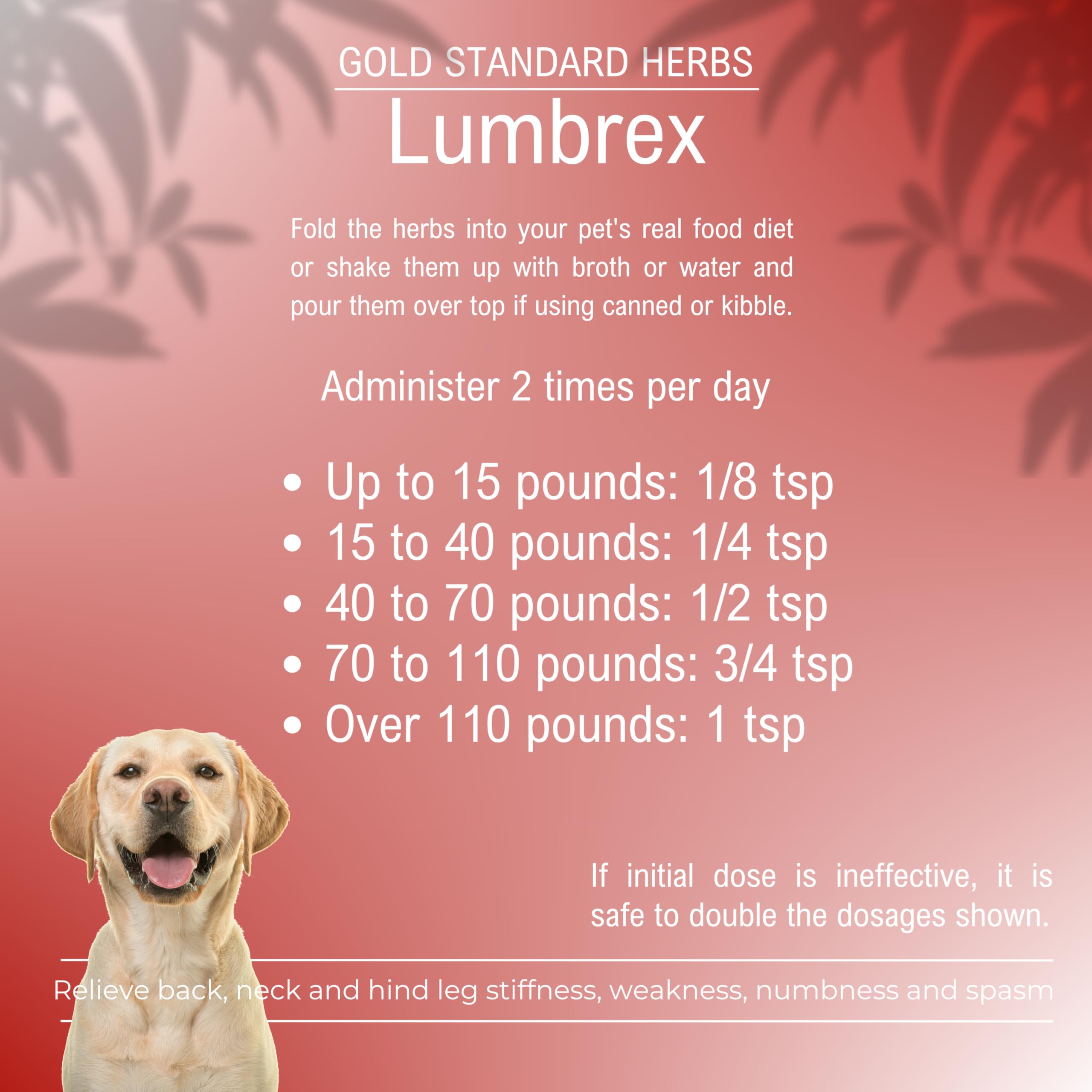 Lumbrex Joint Pain and Stiffness Relief for Dogs by Gold Standard Herbs, All Natural Angelica Root and Loranthus, 85 gram powder, White