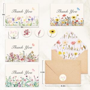 HRFGWDD Floral Thank You Cards With Envelopes 50 Pack, Wildflower Thank You Cards 4"x6", Thank You Notes With Envelopes And Stickers Set for Wedding, Bridal Showers, Baby Showers, Thanksgiving Party