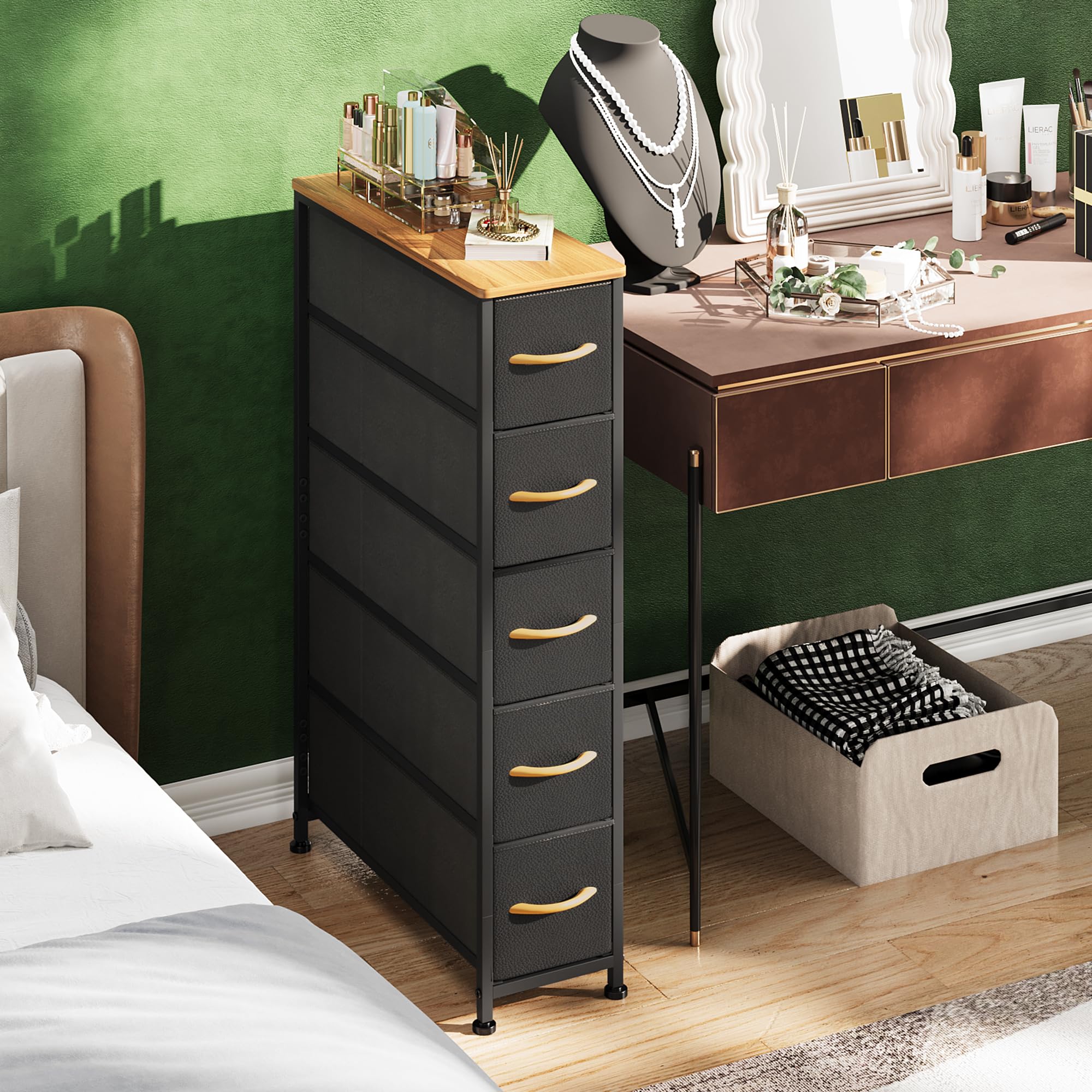 EKNKOZY Narrow Dresser Storage Tower with 5 Drawers, Slim Dresser Chest of Drawers with Steel Frame, Wood Top, Dresser for Bedroom, Bathroom, Small Spaces, Laundry, Closet, Black