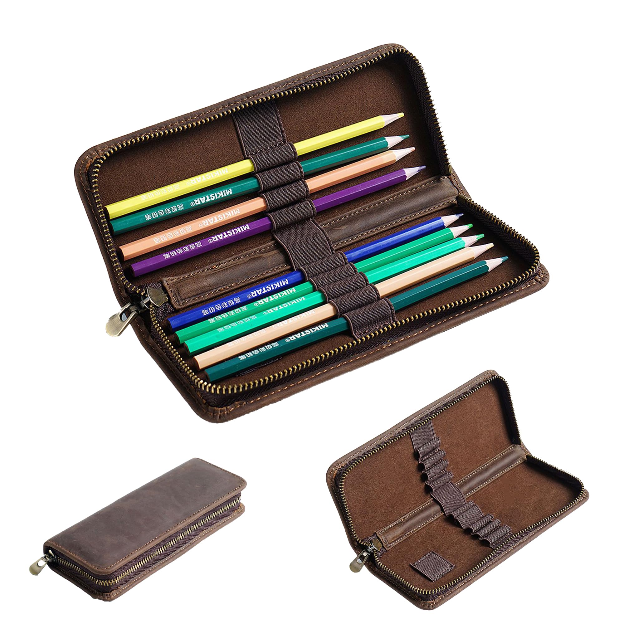 MIVLXLX Leather Pencil Case Organizer, 10 Wooden Pencils Portable Pen Case Storage for Drawing Pencils and Markers (coffee)