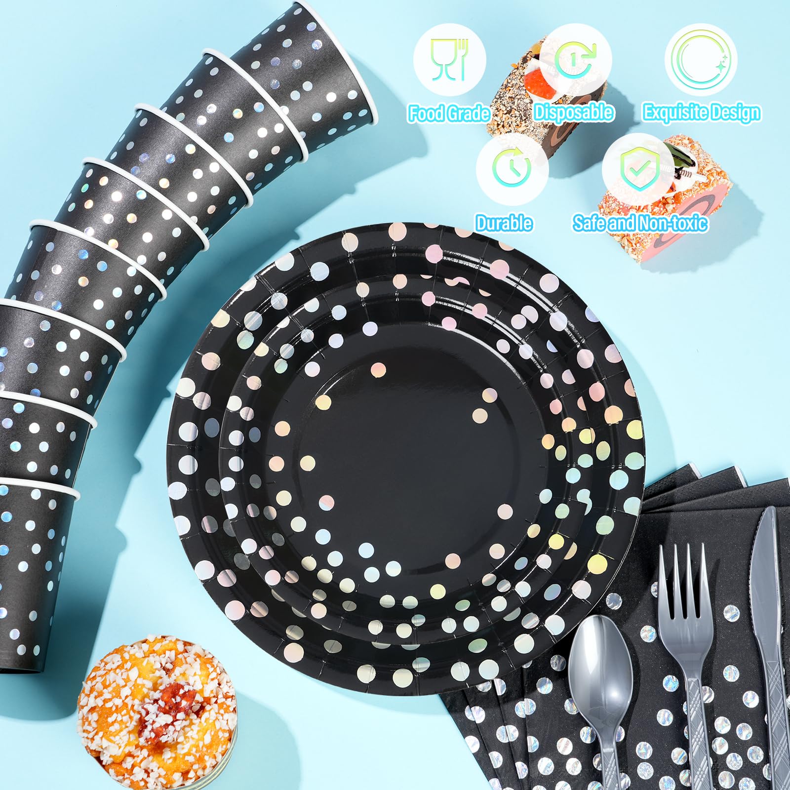 Black and Iridescent Silver Dot Party Decorations Serve 25, Black Holographic Paper Plates and Napkins, Disposable Party Plates Cups Napkins for Fathers Day Retirement Birthday Graduation Prom Party