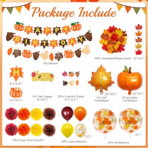 Fall Pumpkin Birthday Party Decorations, 97 Pcs Thanksgiving Autumn Themed Birthday Party Supplies Including Happy Birthday Pumpkin Banner, Cake Toppers, Maple Leaves, Balloons, Paper Pompoms