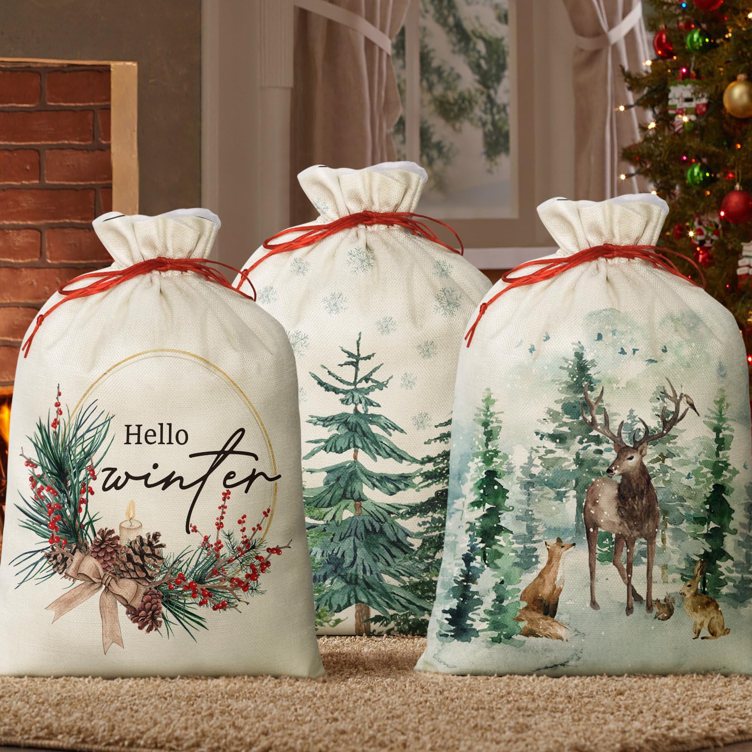 Horaldaily 3PCS Christmas Gift Bag Christmas Sacks for Presents 16x20 Inch,Christmas Tree Snow Deer Stocking Storage Sack Present Xmas Gift Bags Party Favors Bags