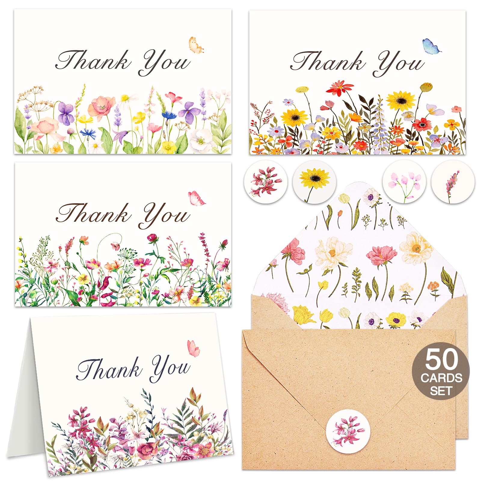 HRFGWDD Floral Thank You Cards With Envelopes 50 Pack, Wildflower Thank You Cards 4"x6", Thank You Notes With Envelopes And Stickers Set for Wedding, Bridal Showers, Baby Showers, Thanksgiving Party