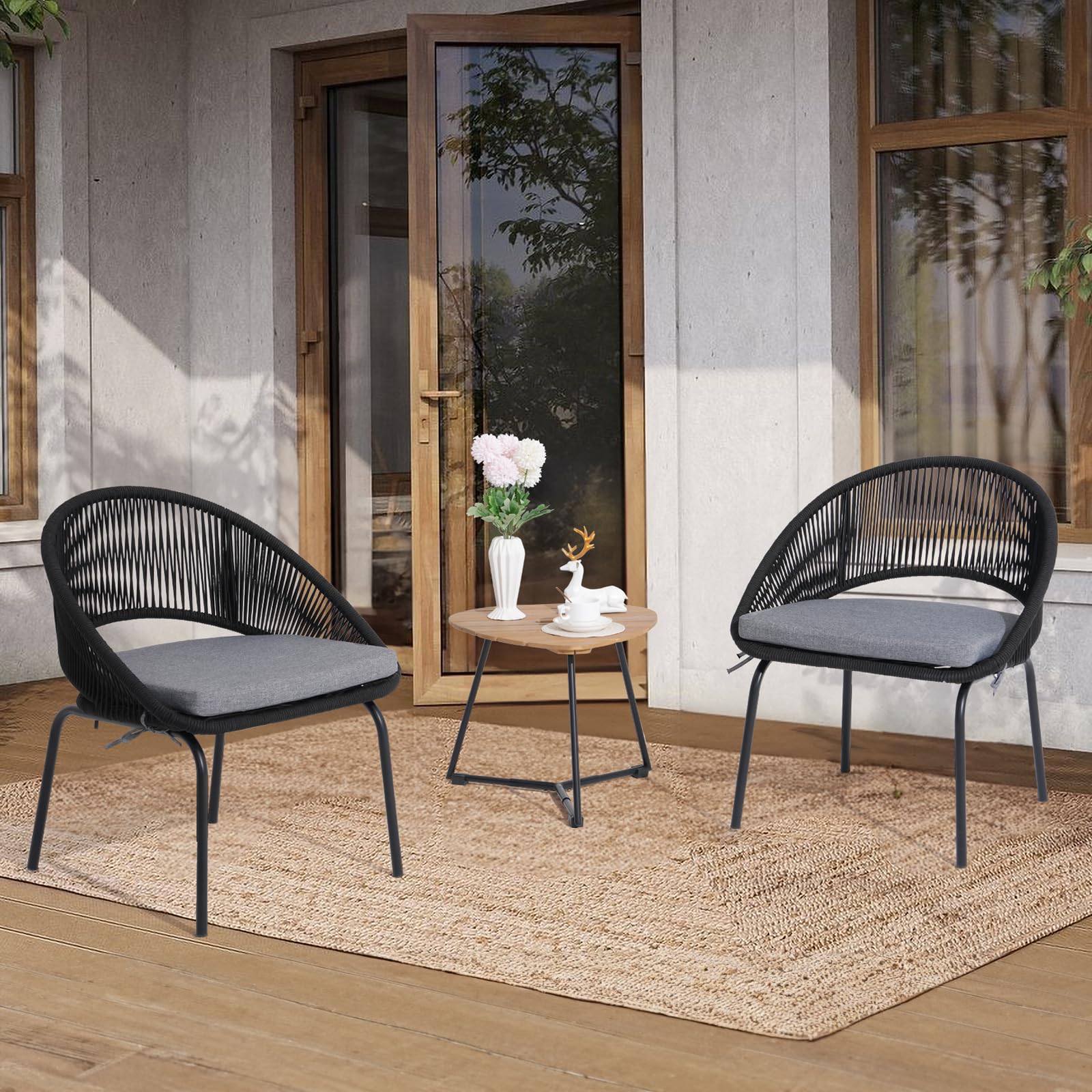 wOod-it 3 Pieces Woven Rope Bistro Set, Patio Outdoor Furniture Conversation Sets with Chairs, Coffee Table and Cushions for Porch, Poolside, Balcony, Garden, Backyard (Black)