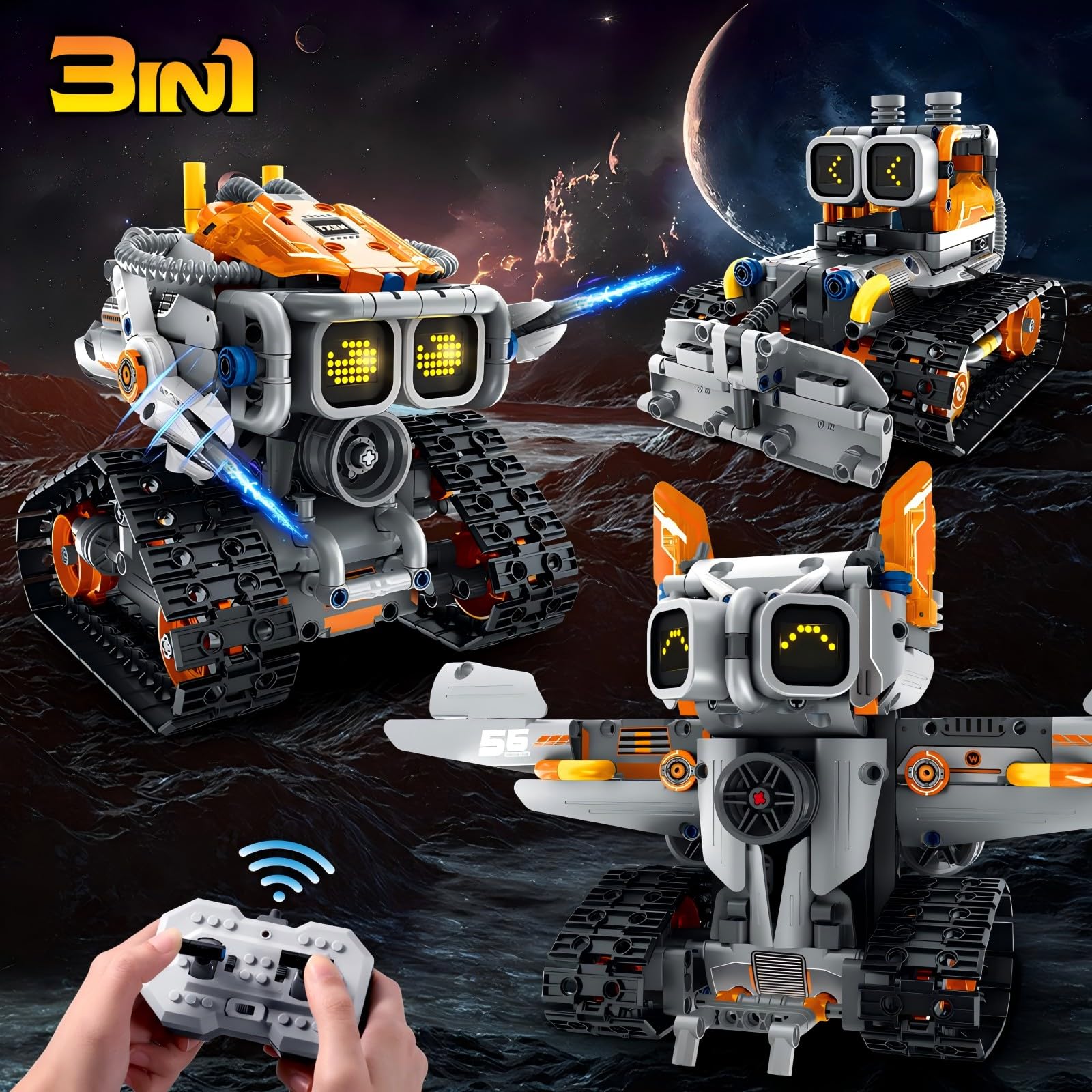 HOGOKIDS Changeable Expressions Robot Building Sets - 3 in 1 Remote & APP Supported Robotic Building Toy Having Sound Effect, Rechargeable RC Robot Birthday Present for Kids Age 6+ Boy & Girl (451PCS)