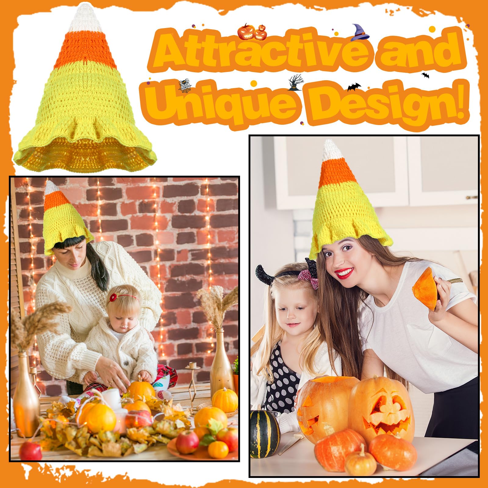 Panitay 10.63 x 12.99 Inch Candy Corn Witch Hat Crochet Pattern for Women Adult Knitted Crochet Wizard Hat for Autumn Halloween Cosplay Party Decorations, Orange, White and Yellow