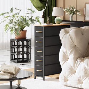 EKNKOZY Narrow Dresser Storage Tower with 5 Drawers, Slim Dresser Chest of Drawers with Steel Frame, Wood Top, Dresser for Bedroom, Bathroom, Small Spaces, Laundry, Closet, Black