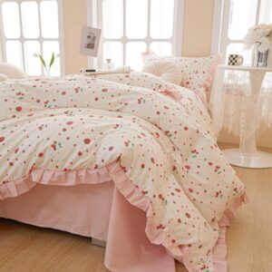 mkxi strawberry comforter set queen size pink white floral comforters kawaii fruits artistic bedding set princess bed comforter with ruffles girls pink flowers bedding comforter duvet set