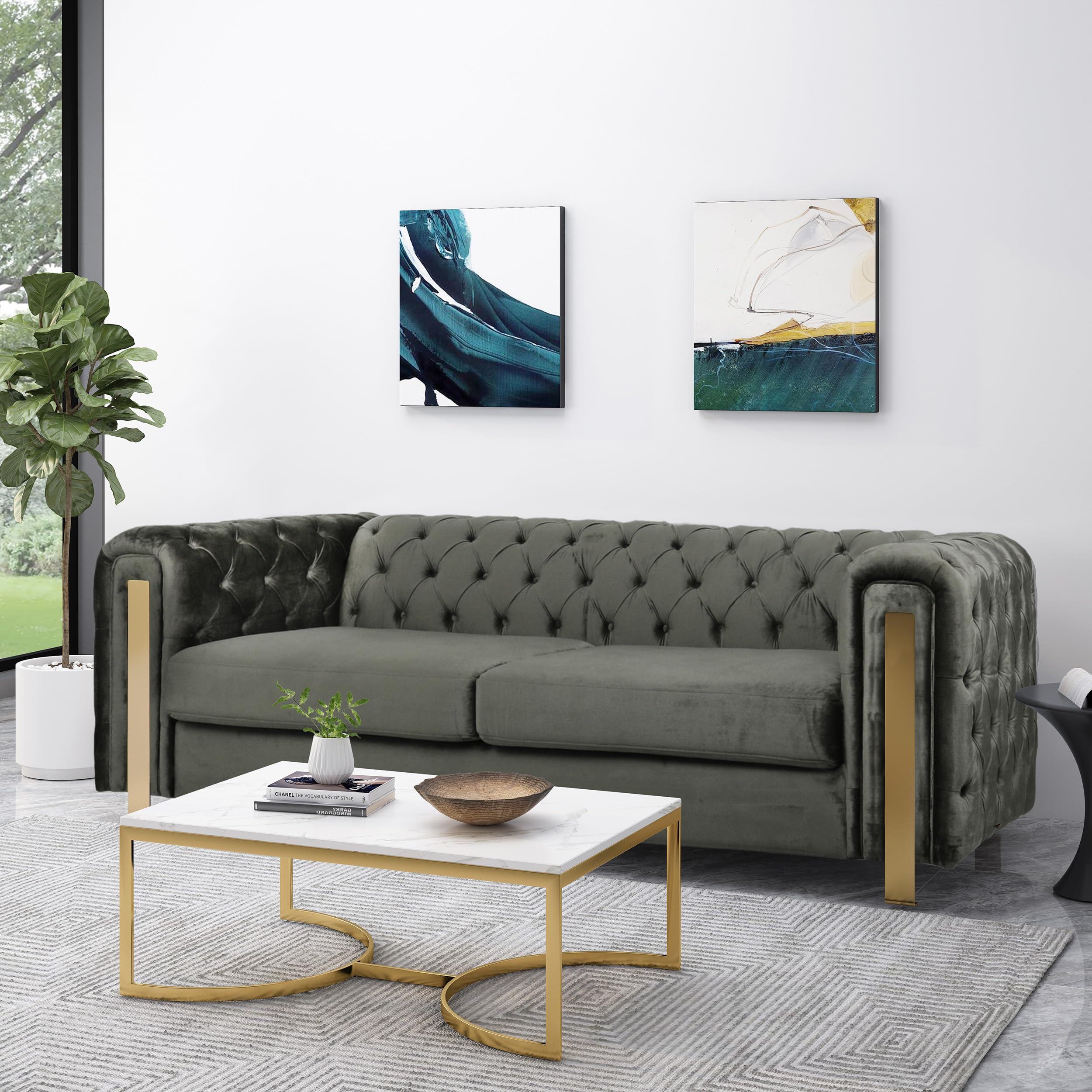 Merax Comfy 3-seat Sofa with Tufted Back and Arm and Gold Iron Legs, Modern Couch for Living Room, Bedroom, Apartment, Office, Gray