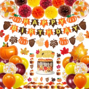 fall pumpkin birthday party decorations, 97 pcs thanksgiving autumn themed birthday party supplies including happy birthday pumpkin banner, cake toppers, maple leaves, balloons, paper pompoms