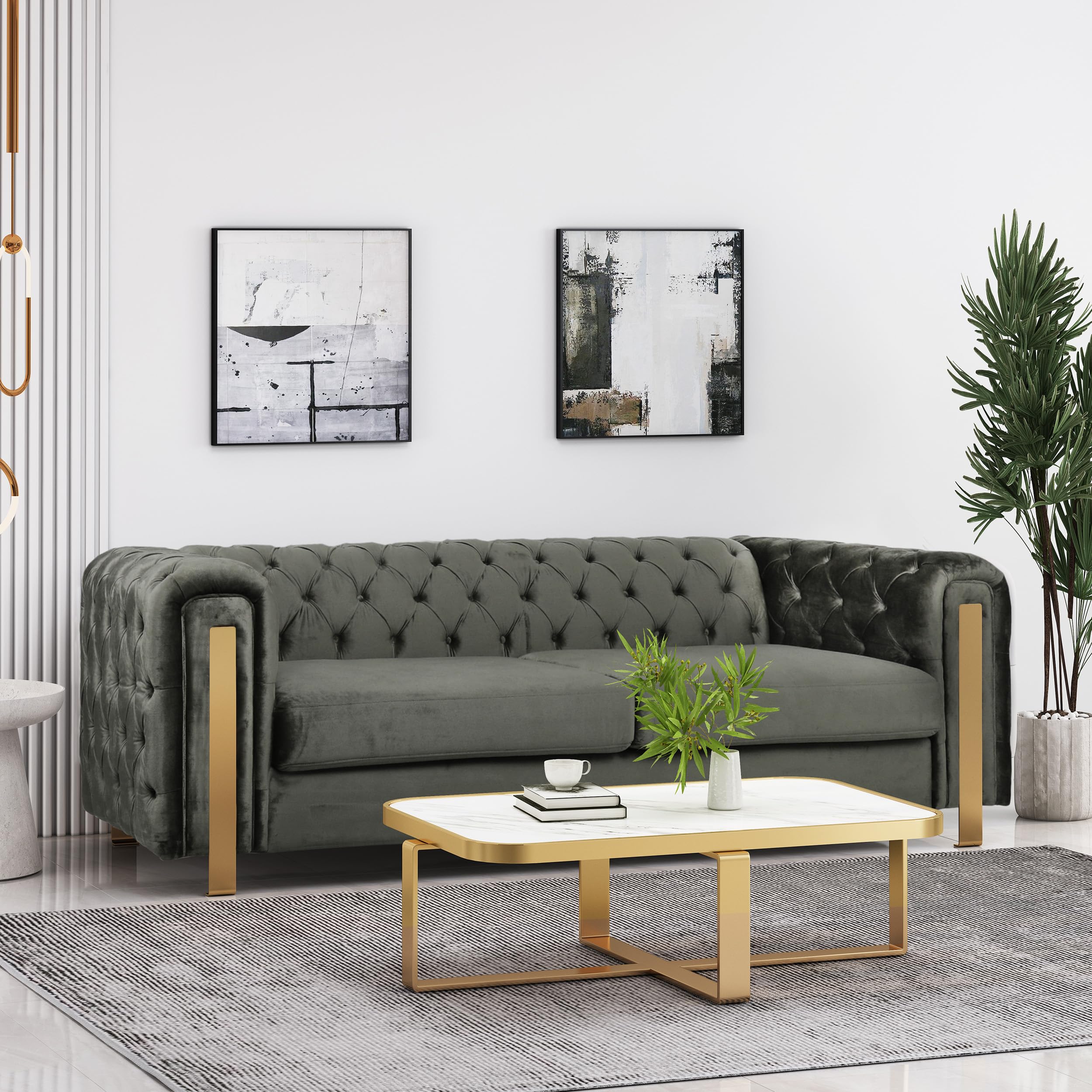 Merax Comfy 3-seat Sofa with Tufted Back and Arm and Gold Iron Legs, Modern Couch for Living Room, Bedroom, Apartment, Office, Gray