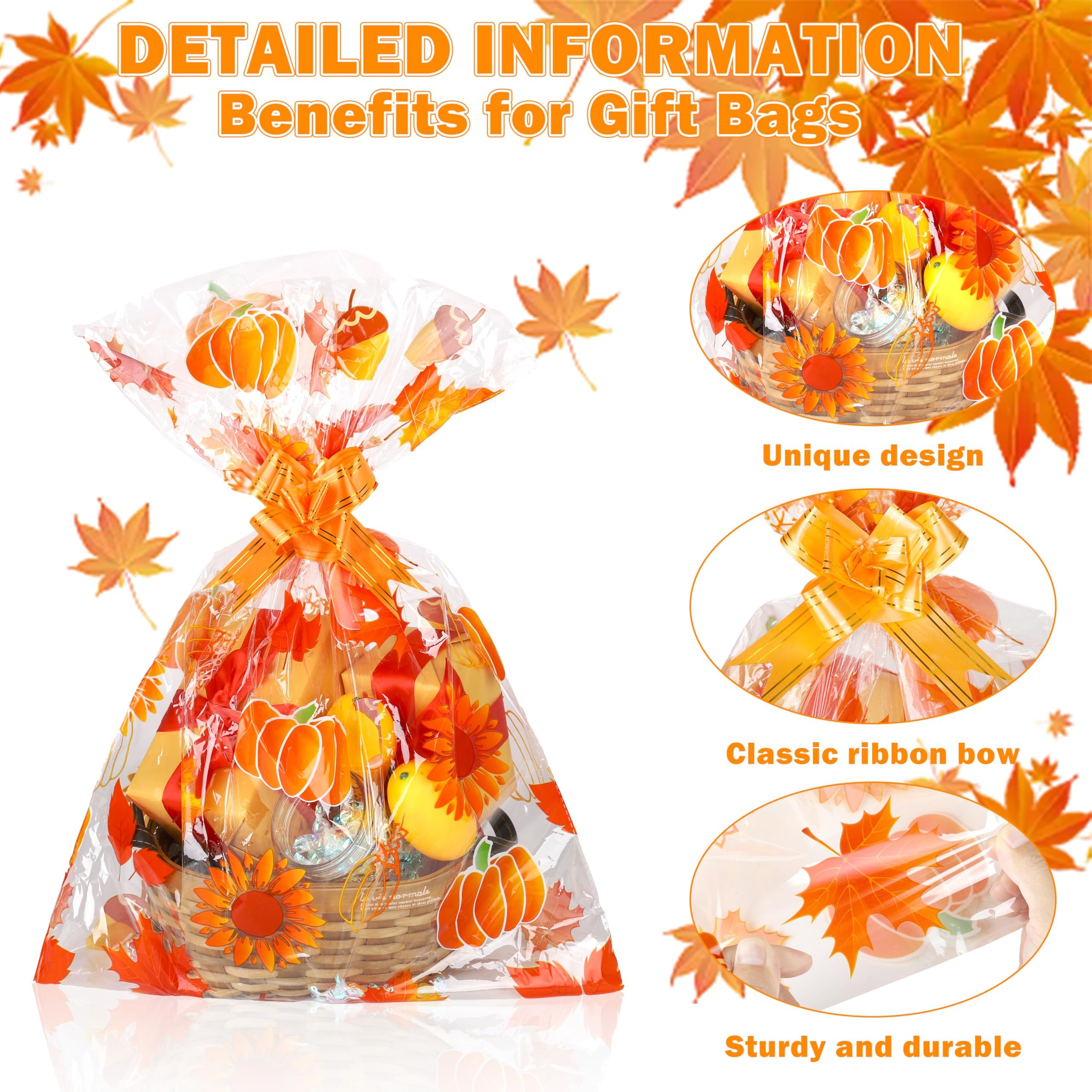 MIMIND 36 Pieces Fall Thanksgiving Large Basket Bags Cellophane Gift Bags Bulk 19.7 x 27.6 Inch Fall Plastic Gift Wrap Bags with 36 Pull Bows 40 Twist Ties for Thanksgiving Gift Baskets