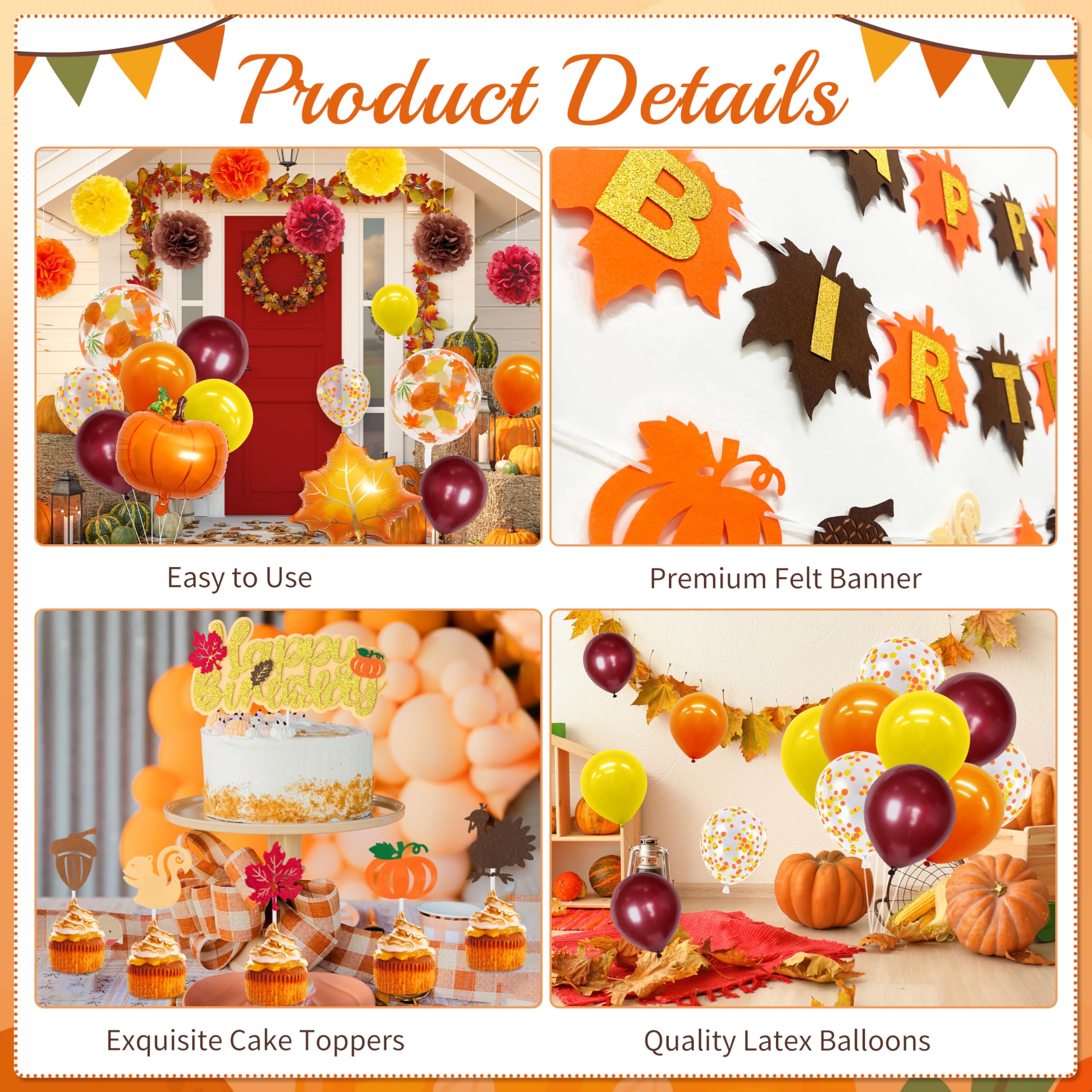 Fall Pumpkin Birthday Party Decorations, 97 Pcs Thanksgiving Autumn Themed Birthday Party Supplies Including Happy Birthday Pumpkin Banner, Cake Toppers, Maple Leaves, Balloons, Paper Pompoms