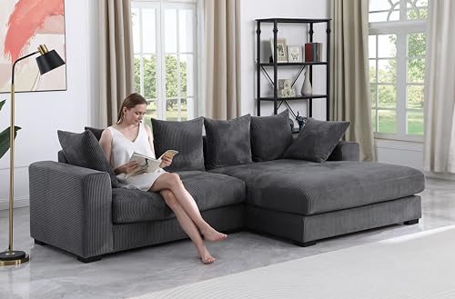 Eafurn Luxe Upholstered Right Facing Chaise Lounge Sectional Sofa in Soft Corduroy Fabric with Removable Cushions, Oversized Sleeper Couch Bed for Relaxing in Living Room or Bedroom