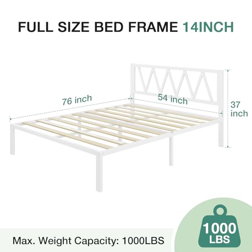 Novilla 14 Inch Full Size Bed Frame with Headboard, White Metal Platform Bed Frame, Full Bed Frame No Box Spring Needed, Easy Assembly, Strong Wood Slats Support