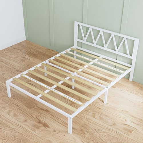 Novilla 14 Inch Full Size Bed Frame with Headboard, White Metal Platform Bed Frame, Full Bed Frame No Box Spring Needed, Easy Assembly, Strong Wood Slats Support