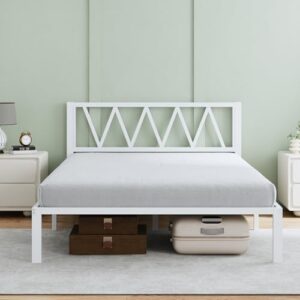 novilla 14 inch full size bed frame with headboard, white metal platform bed frame, full bed frame no box spring needed, easy assembly, strong wood slats support