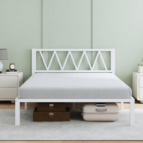 Novilla 14 Inch Full Size Bed Frame with Headboard, White Metal Platform Bed Frame, Full Bed Frame No Box Spring Needed, Easy Assembly, Strong Wood Slats Support