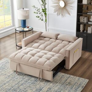 3 in 1 convertible sleeper sofa couch bed, 2-seater futon loveseat with pull out bed , tufted lounge couches with pillows, pockets for living room apartment small space rv corner pullout sofabed