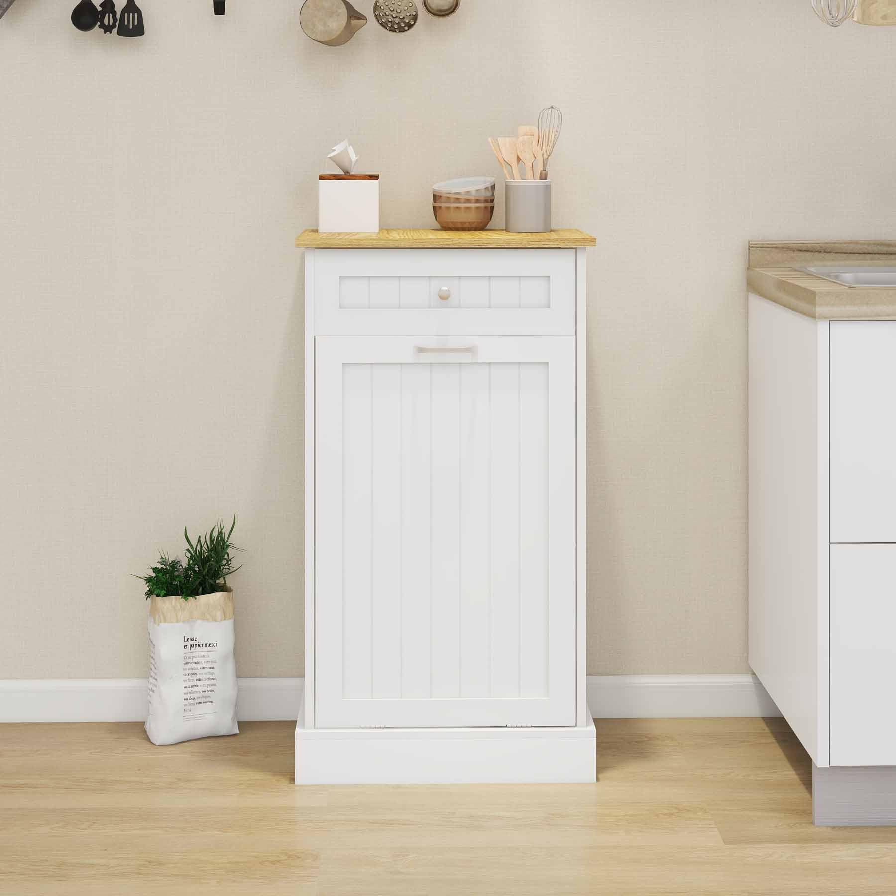 anwickjeff Tilt Out Trash Can Cabinet with Storage Drawer,Kitchen Island with Trash Can Storage,Hidden Laundry Hamper Cabinet for Kitchen (White)