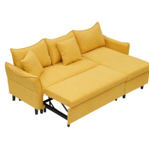 TURRIDU Convertible Sectional Sofa with Pull-Out Bed and Storage Chaise Lounge, L-shaped Corduroy Upholstered Reversible Couch with 2 Throw Pillows for Living Room, Apartment (Yellow)