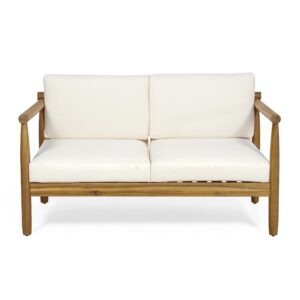 Christopher Knight Home Outdoor Acacia Wood Loveseat and Coffee Table with Cushions, Teak and Cream