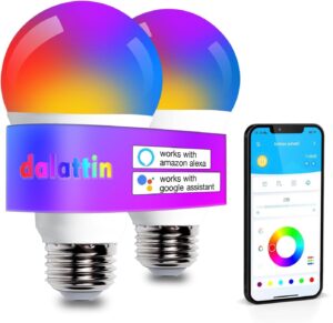 dalattin a19 led light bulb, smart bulb work with alexa & google assistant, wifi & bluetooth app rgbcw color changing light bulb, e26 led bulb 60 watt equi, 800lm, only support 2.4ghz wifi, 2 pack