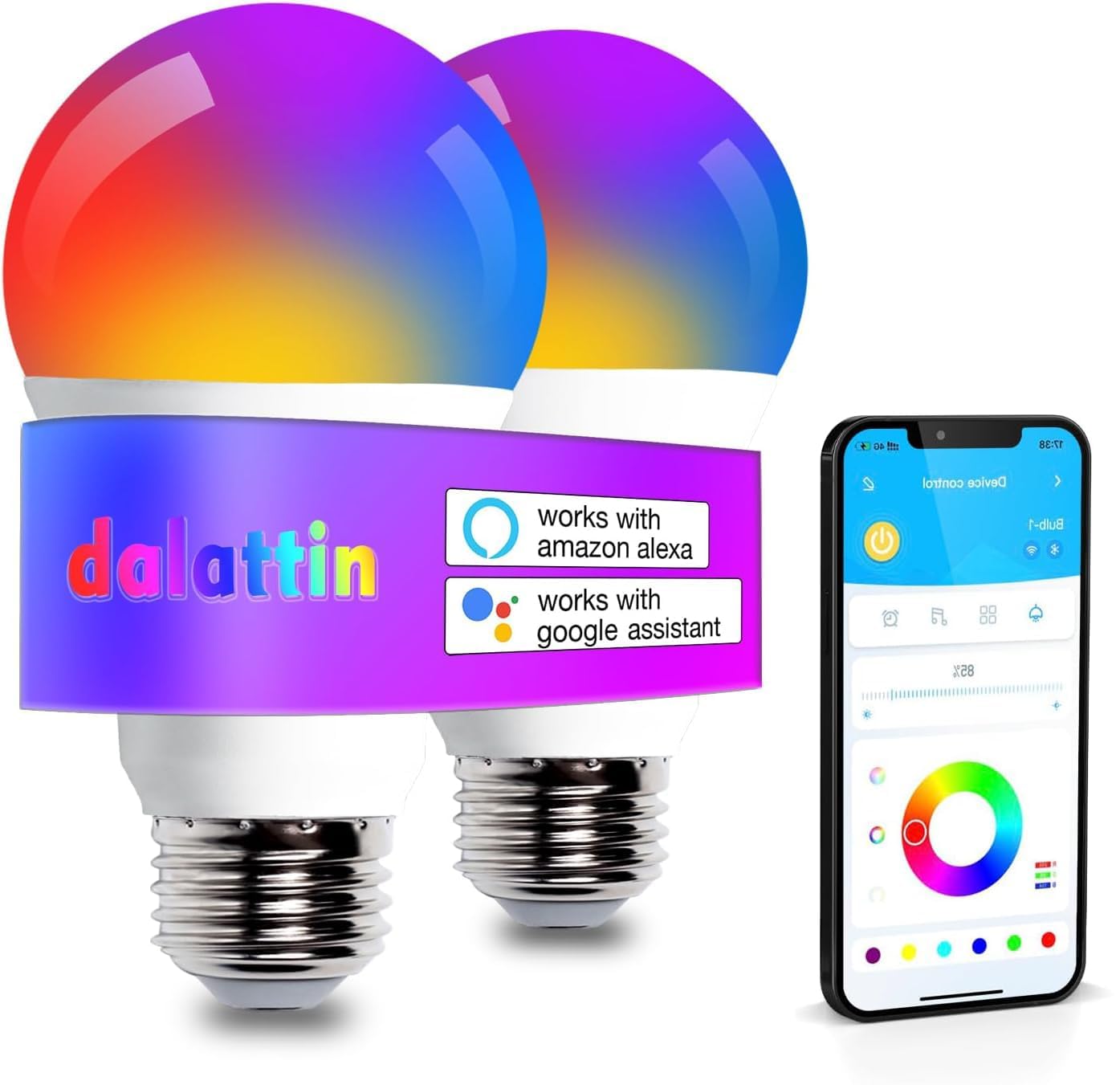 dalattin A19 Led Light Bulb, Smart Bulb Work with Alexa & Google Assistant, WiFi & Bluetooth App RGBCW Color Changing Light Bulb, E26 Led Bulb 60 Watt Equi, 800LM, Only Support 2.4GHz WiFi, 2 Pack